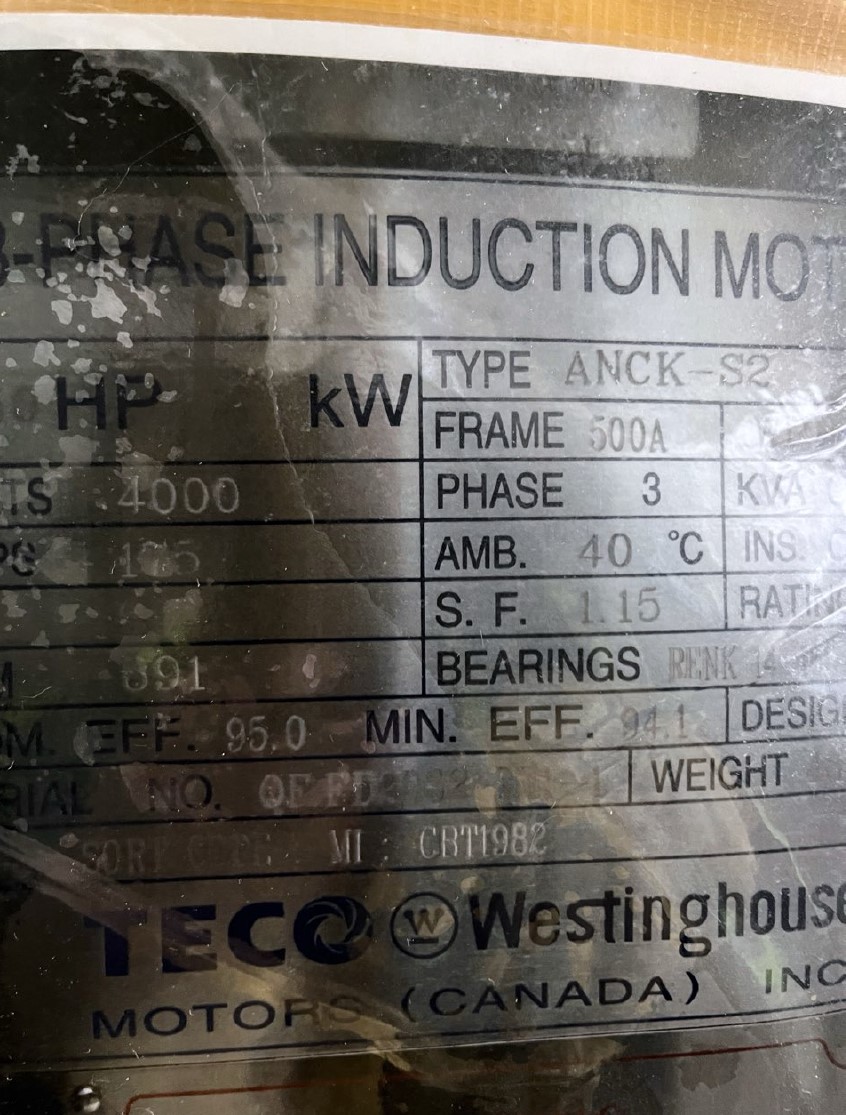 TECO WESTINGHOUSE ANCK-S2 1,250 HP INDUCTION MOTOR For Sale | Aucto