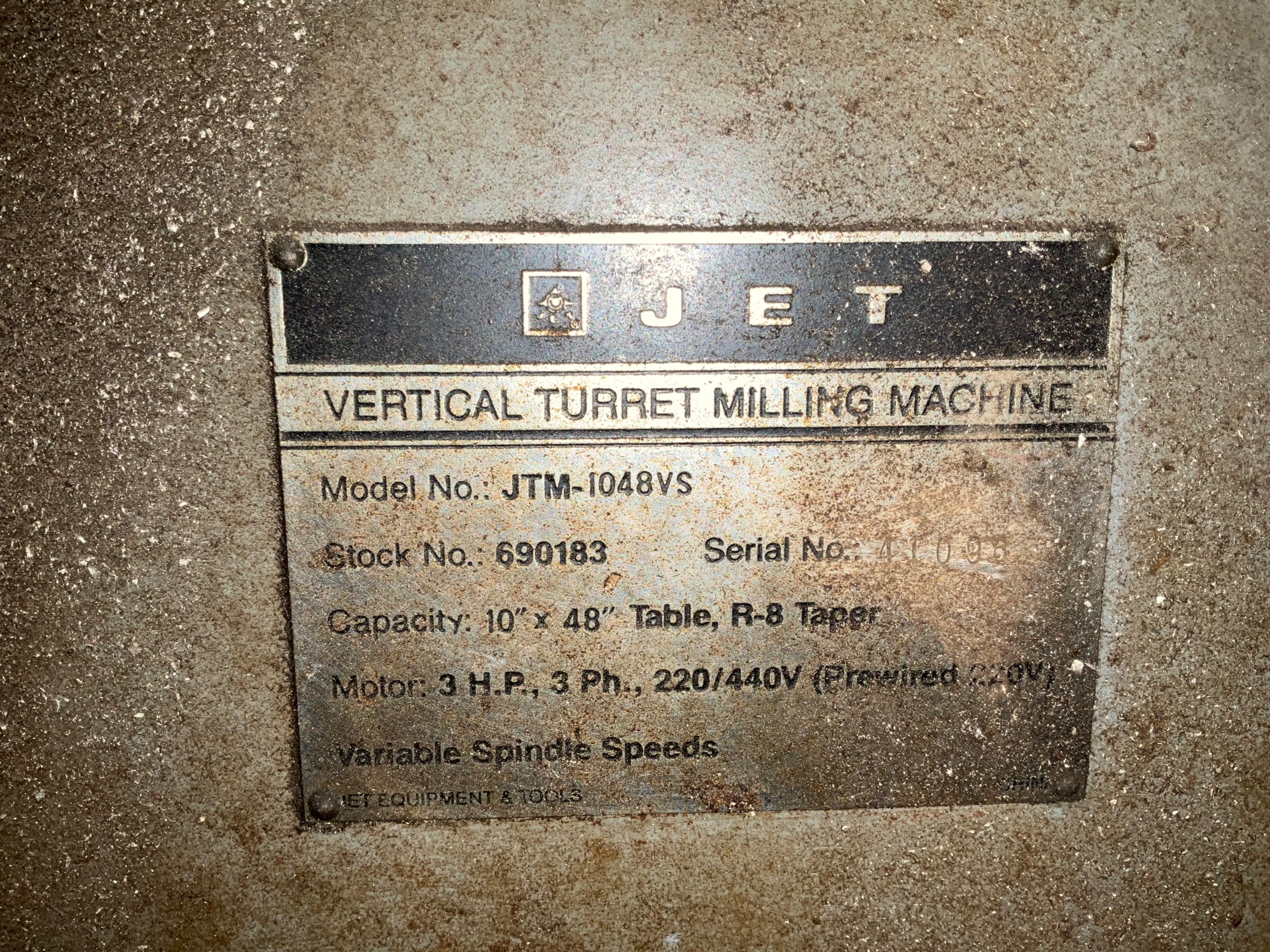JET JTM-1048VS VERTICAL MILLING MACHINE