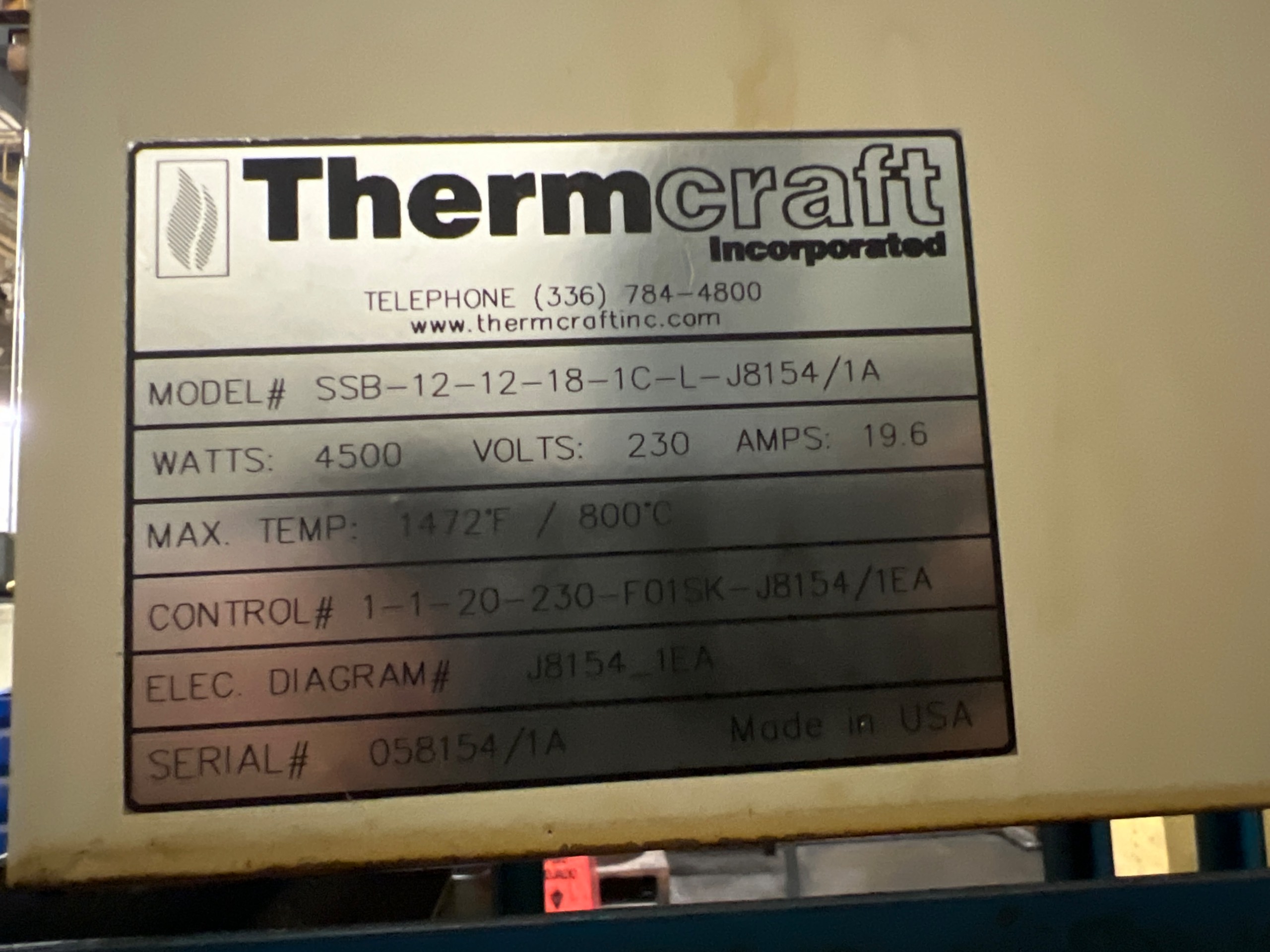 THERMCRAFT INCORPORATED SSB-12-12-18-1C-L-J8154/1A 1400 DEGREE FURNACE