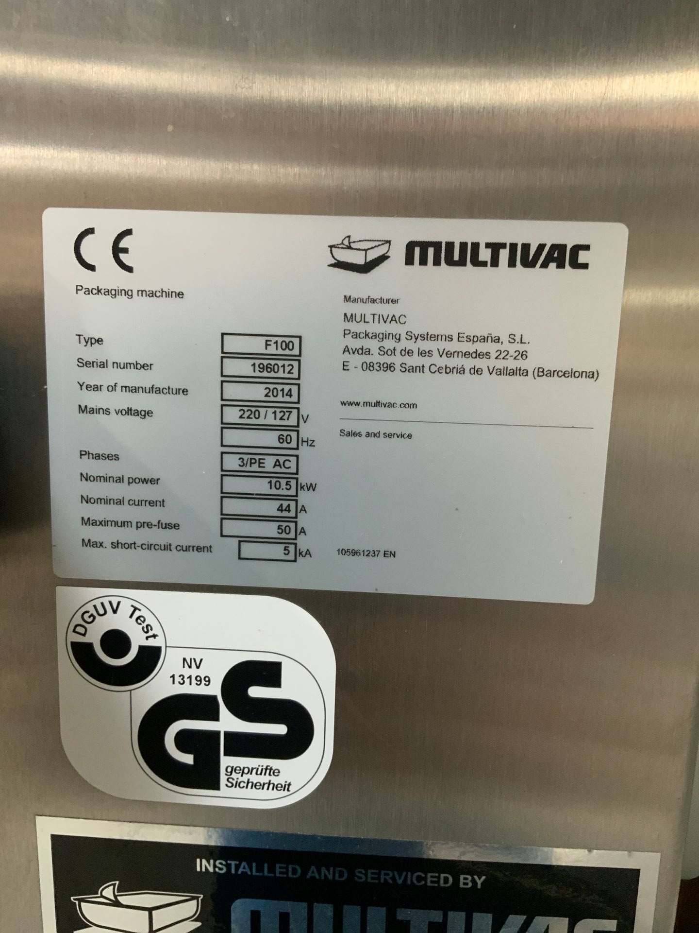 2014 MULTIVAC F100 VACUUM PACKAGING MACHINE