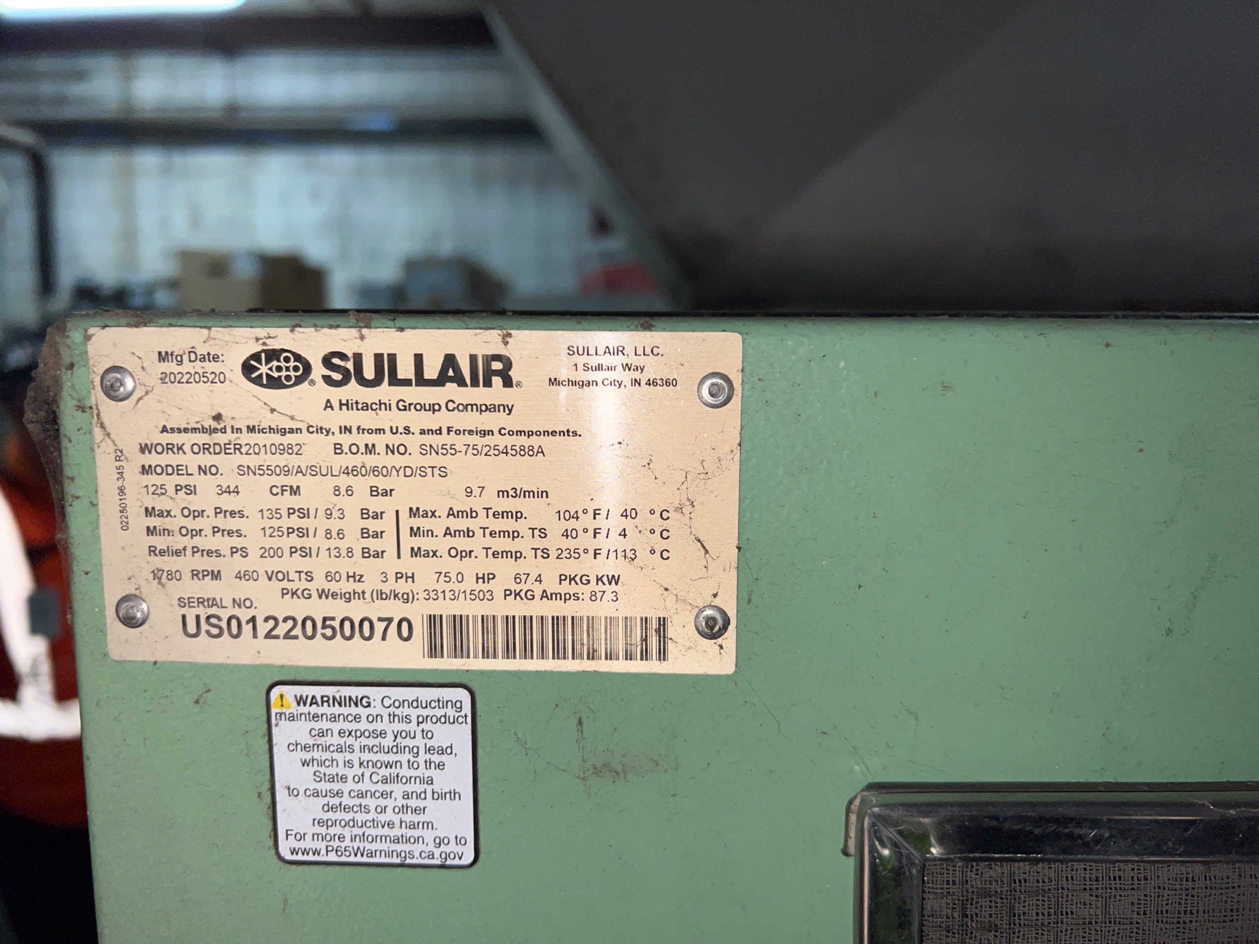 2022 SULLAIR SN5509/A/SUL/460/60/YD/STS STATIONARY AIR COMPRESSOR For ...