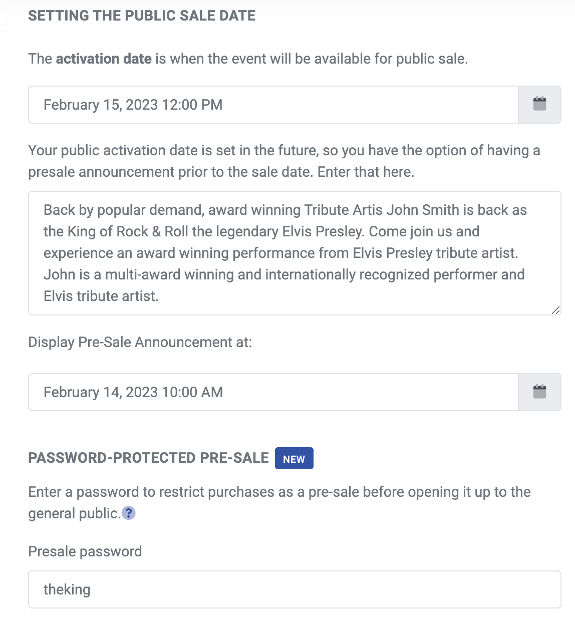 How can I sell tickets as a pre-sale to a select group of custome