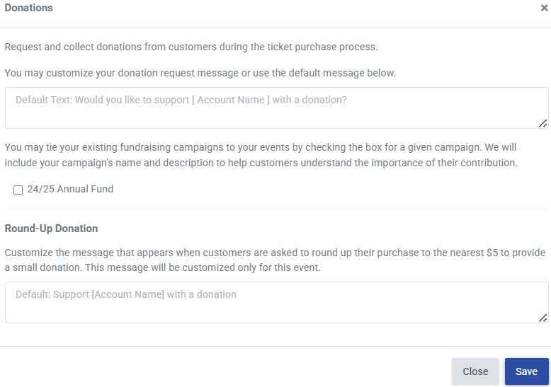 How can I customize the donation round-up modal on my events?