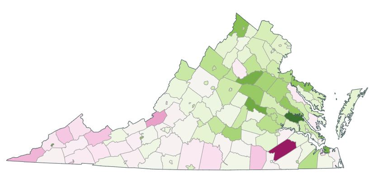 Virginia Population Change by Locality, 2023-2024