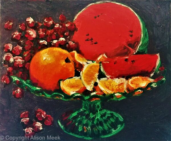 Alison Meek, oil painting, still life fruit and vegetables, green glass