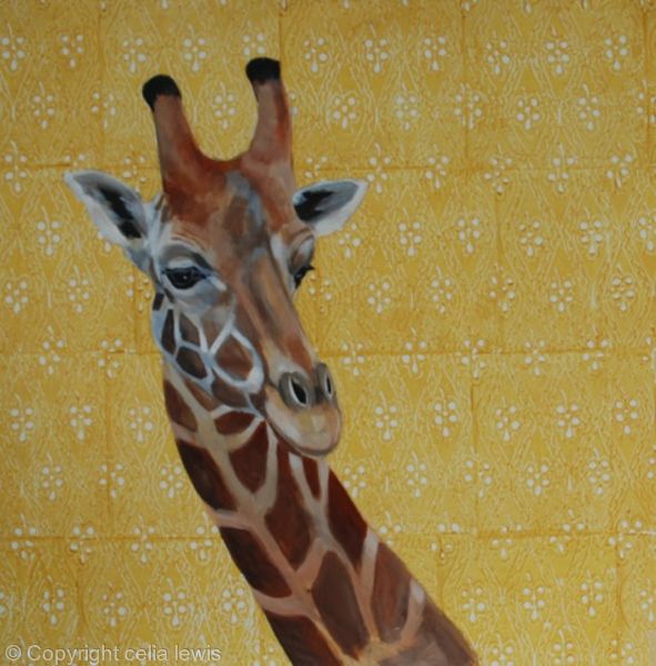 giraffe on yellow block print - acrylic and linocut