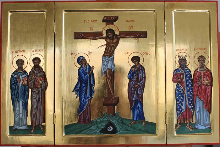 Byzantine Style Triptych with Crucifixion Saints Theodore of Tarsus, Francis, Edward the ...