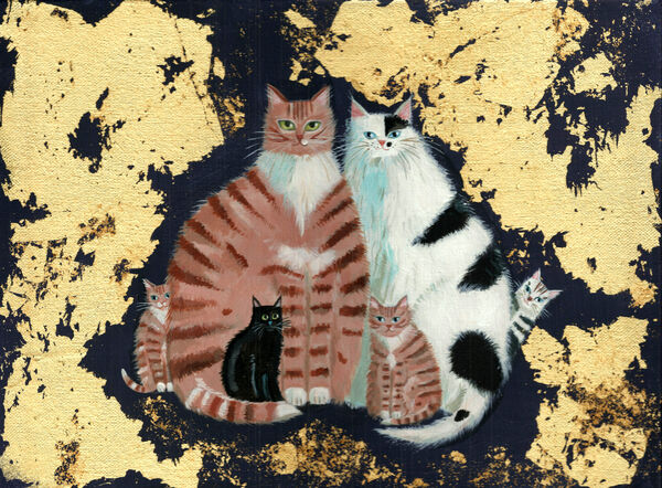 Feline Family - Acrylic and gold leaf on canvas