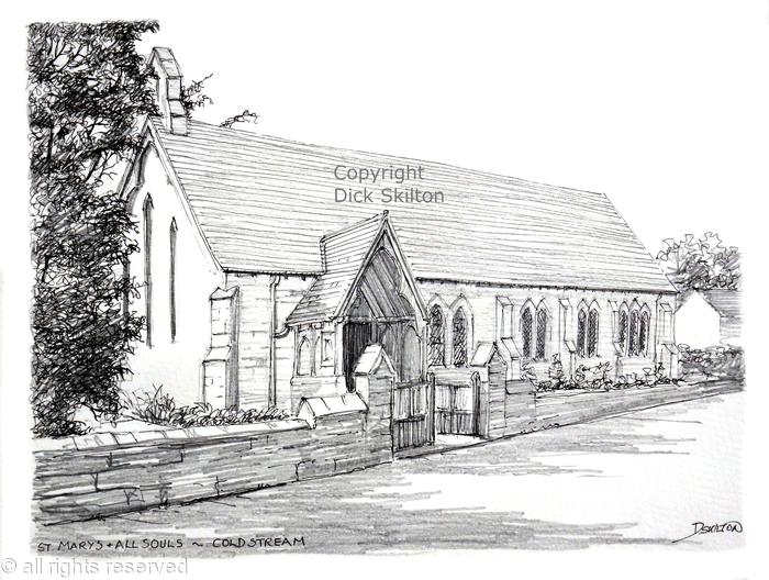 Coldstream church St Mary & all souls pen drawing as a greeting card
