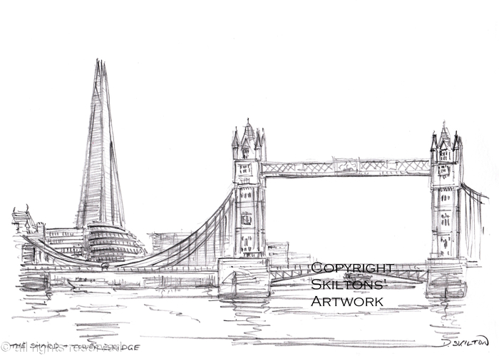 London Shard and Tower Bridge pencil, printed as a greeting card image ...