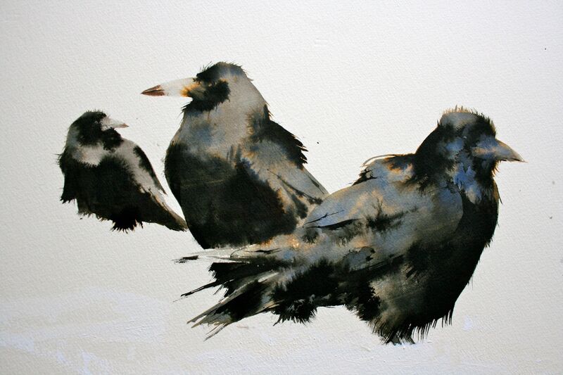 Rooks in the Snow - Ink and watercolour