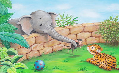 Elephant, monkey and tiger cub - acrylics