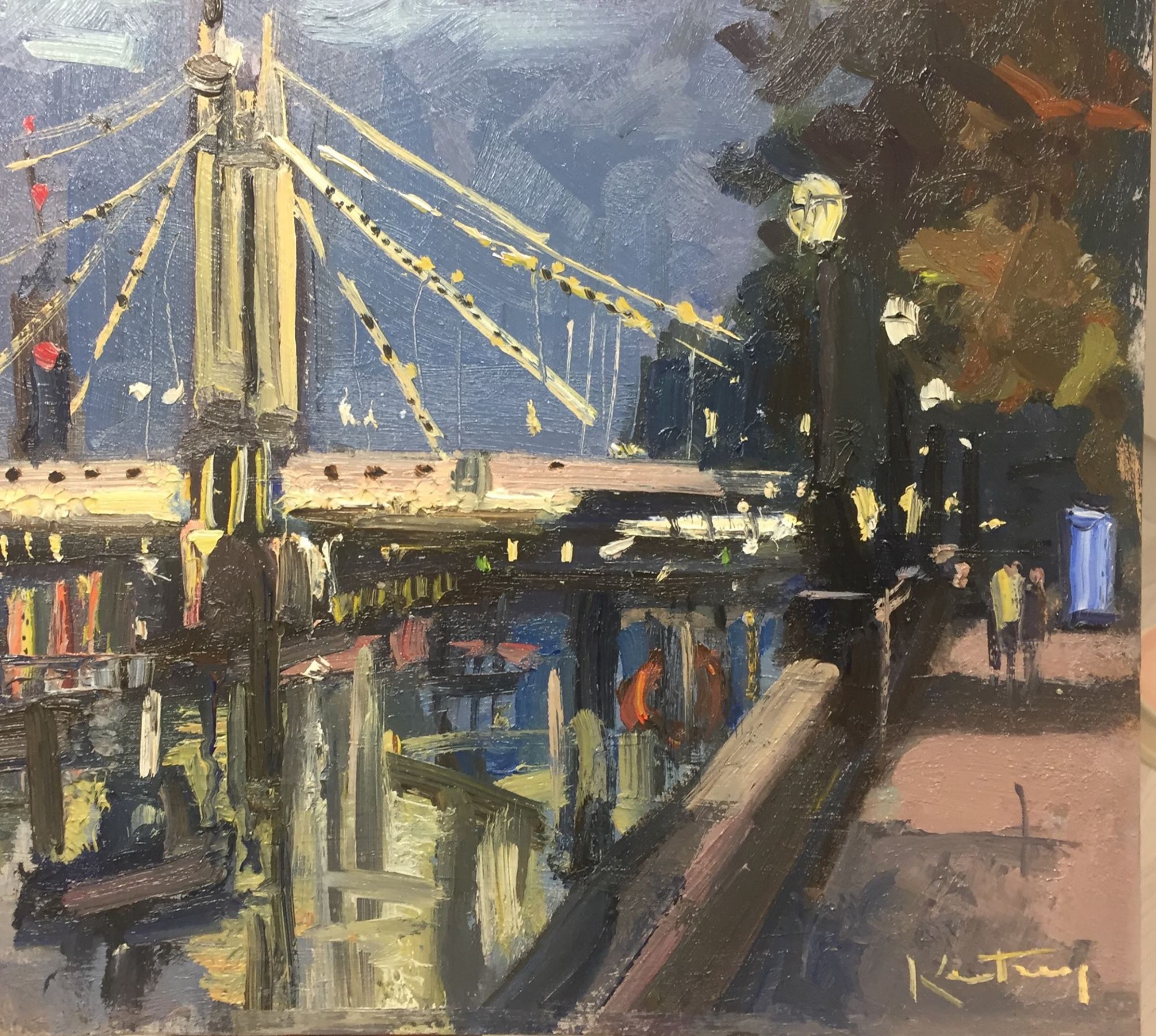 Nighttime, Albert Bridge - oil on board