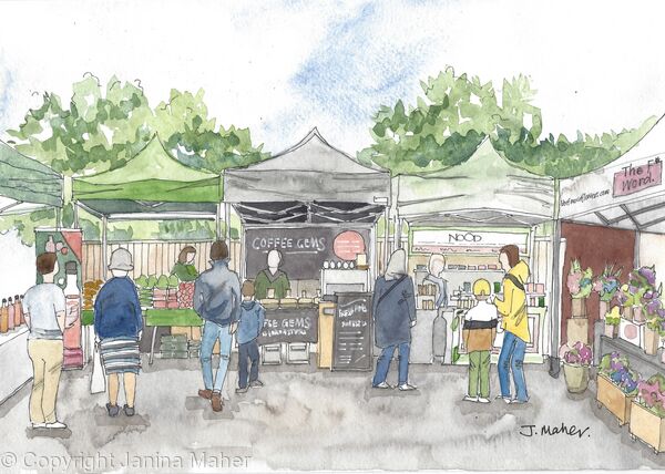 Caversham Artisan Market, Veg/Coffee/Nood - Giclée print on watercolour ...