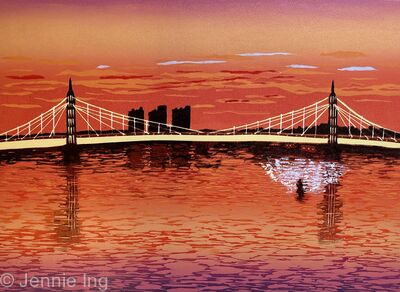 Albert Bridge Sunset - linocut print