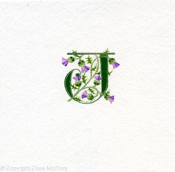 Letter J handpainted in green with Scots thistles - gouache on ...