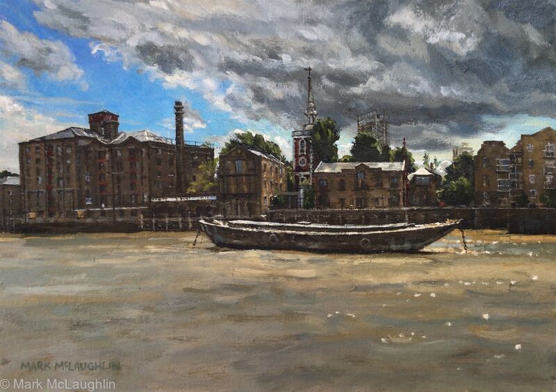 View towards Thames Tunnel Mills. - oil on board