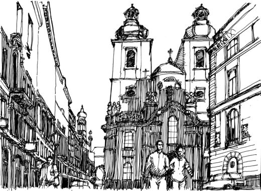 street scene prague - print from black ink pen drawing