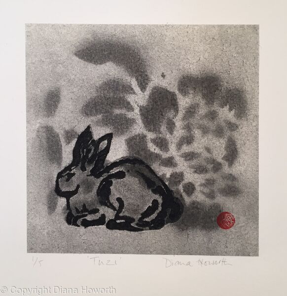 Tuzi - Chinese Rabbit - Collograph with chine collé