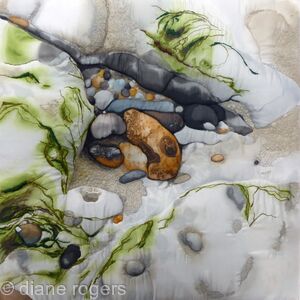 Curved Rock Pool - Hand Painted embroidered,quilted silk textile