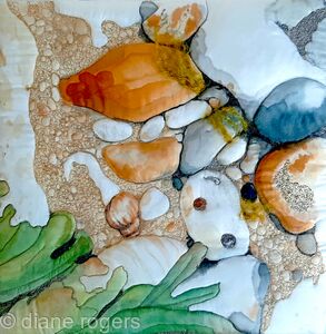 Shell in Chalk Rock Pool - Hand painted embroidered quilted silk textile
