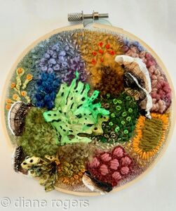 Lichen and Moss Layers - Hand embroidered and needle punch on linen in hoop