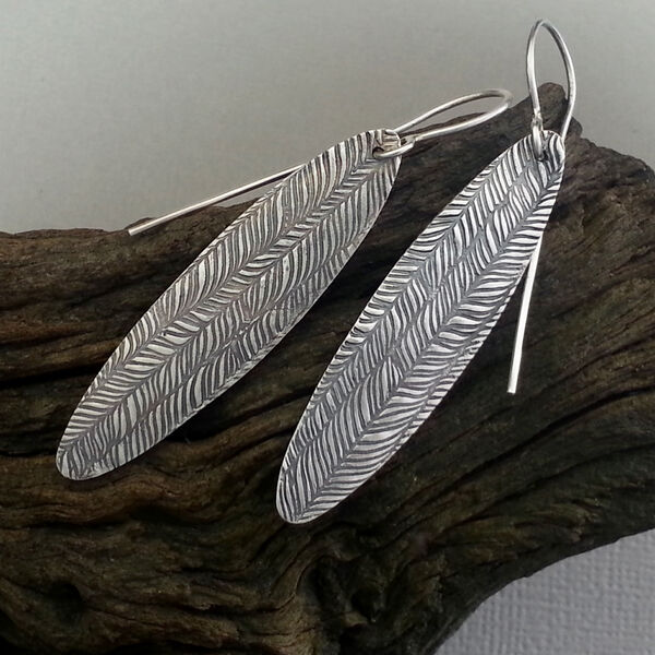 Long Feather Textured Patinated Silver Earrings - Fine silver, sterling ...