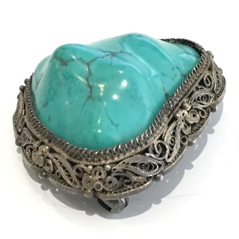 Fine Antique Turquoise Sterling Silver Brooch Intricate Metal Work ...