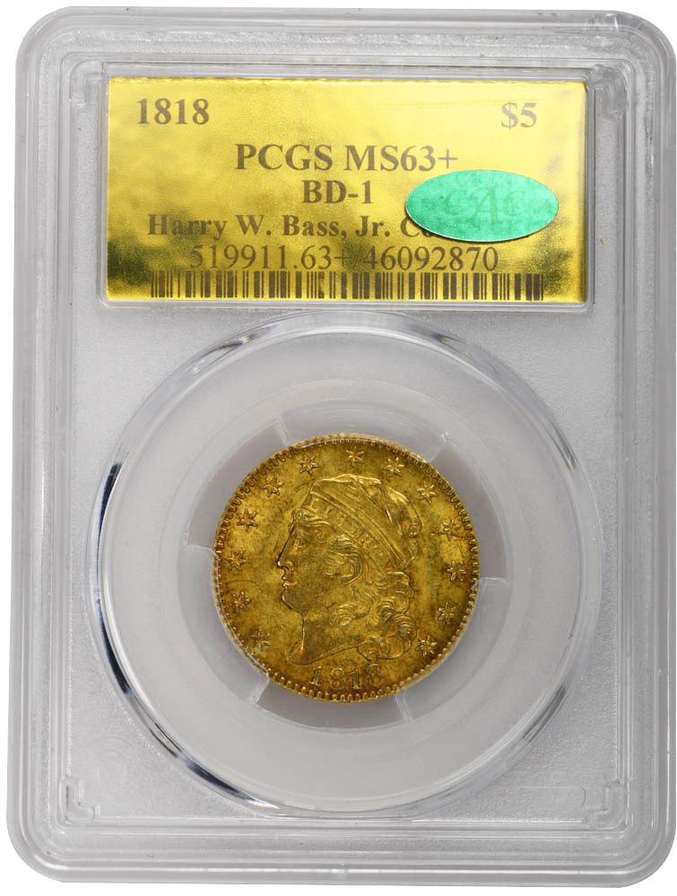 1818 $5 Capped Bust, PCGS MS63+, CAC - Tangibleinvestmentsinc.com