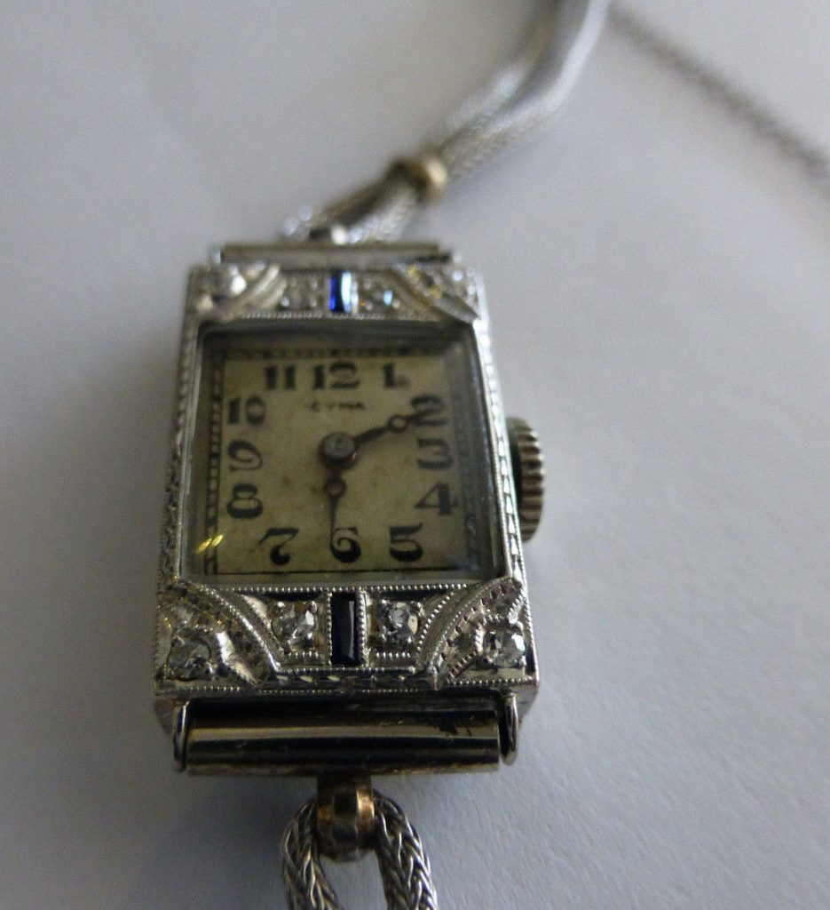 18k White Gold Ladies Vintage Cyma Wristwatch w/ Diamonds and Sapphires ...