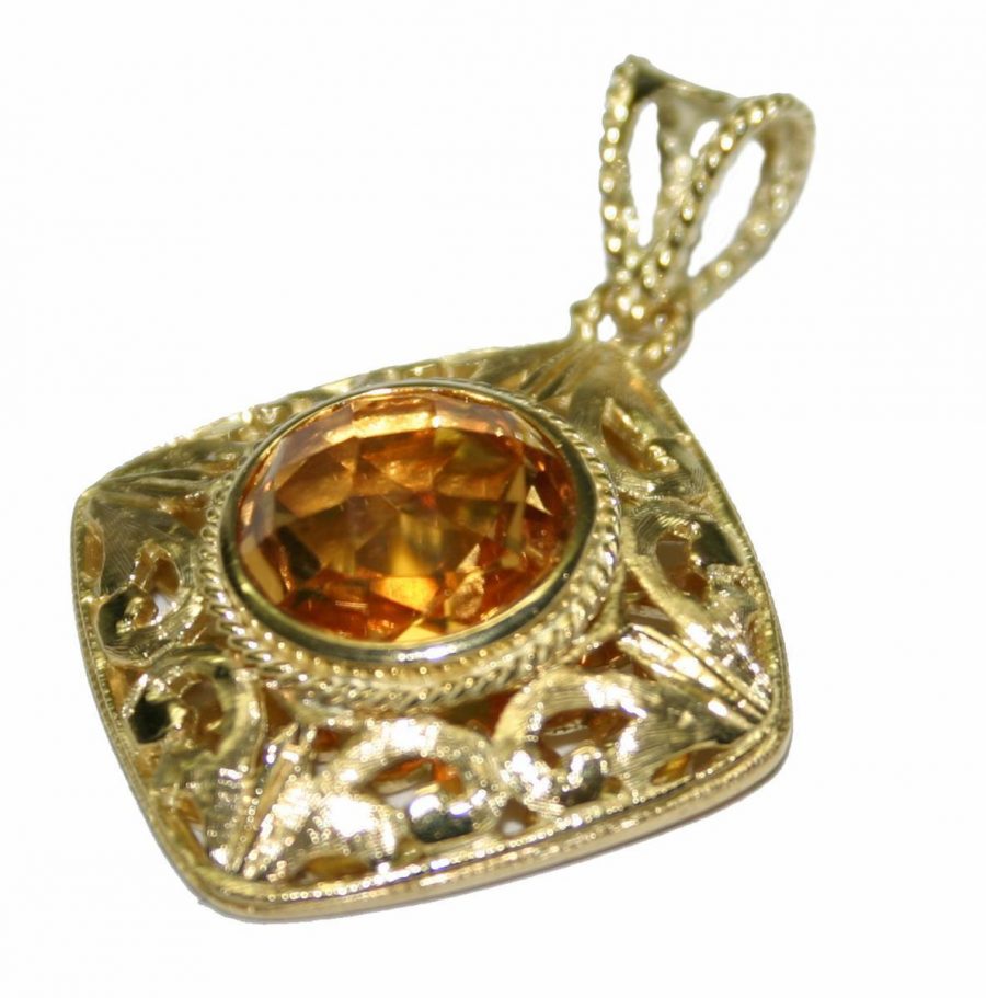 18k Yellow Gold Round Fancy Cut Citrine Quartz Pendant ...
