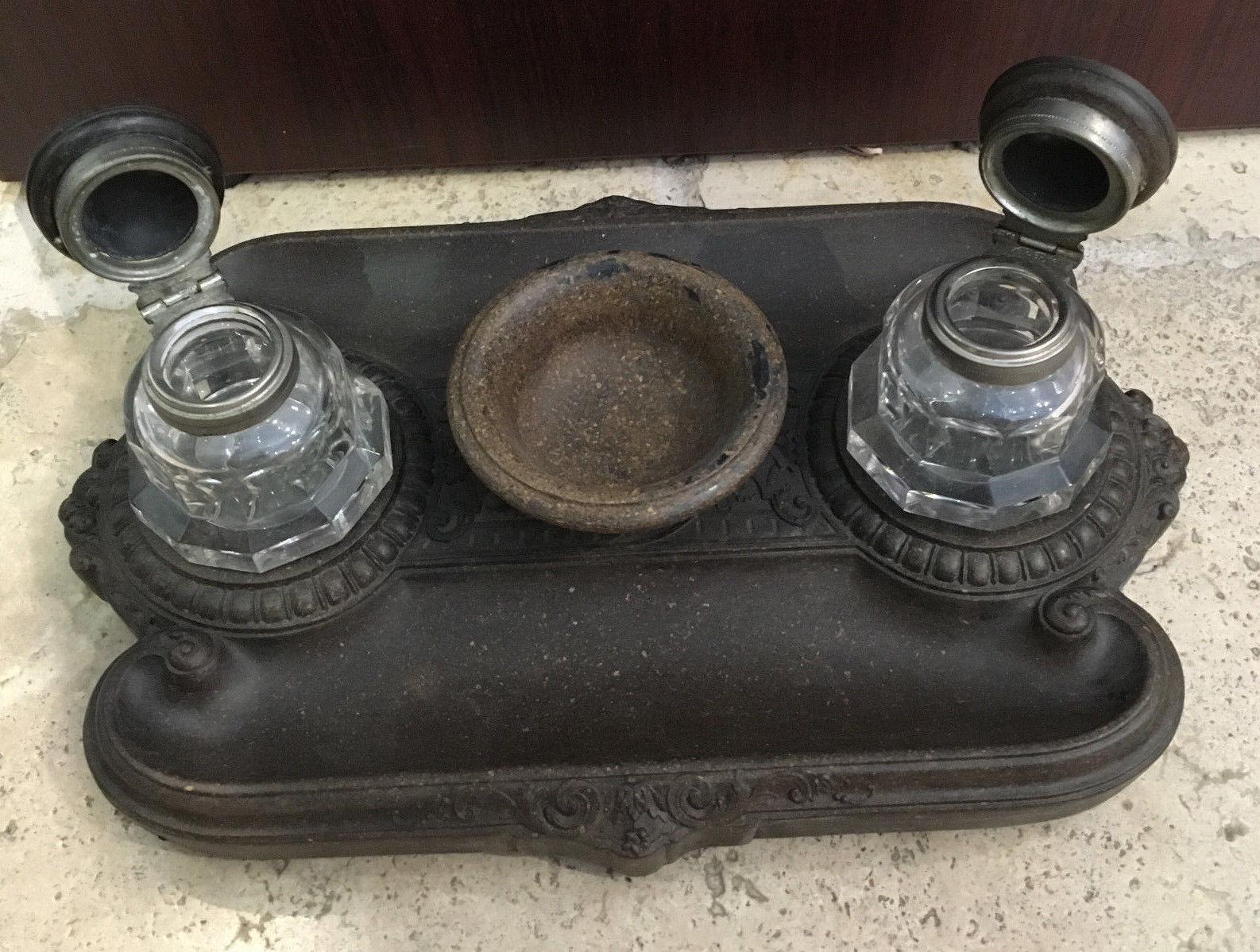 Inkwell Early 20th Century Clear Glass Inkwells Wood Base ...