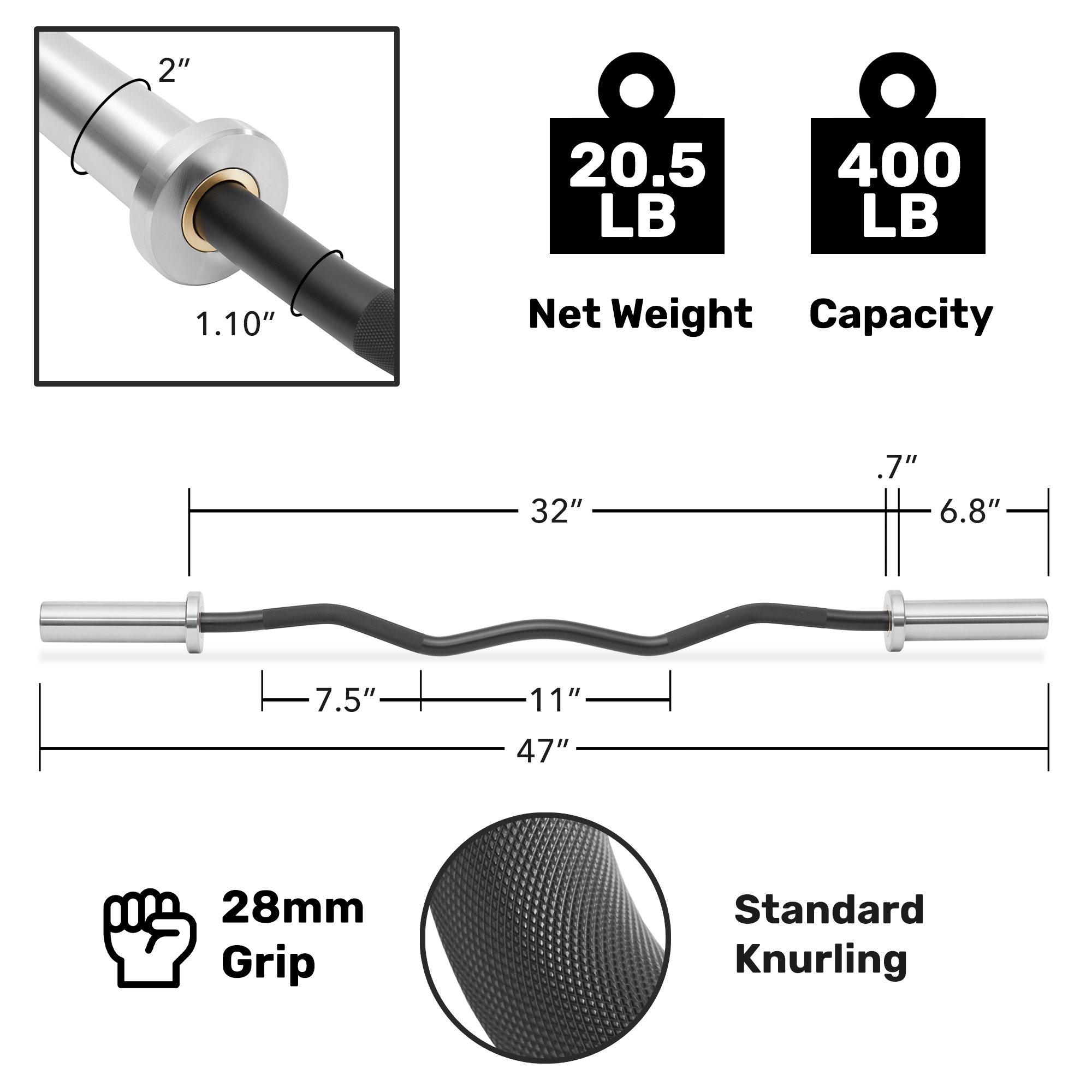 47" EZ Curl Olympic Barbell - 400LB Capacity 4 Needle Bearing 2" Weight ...