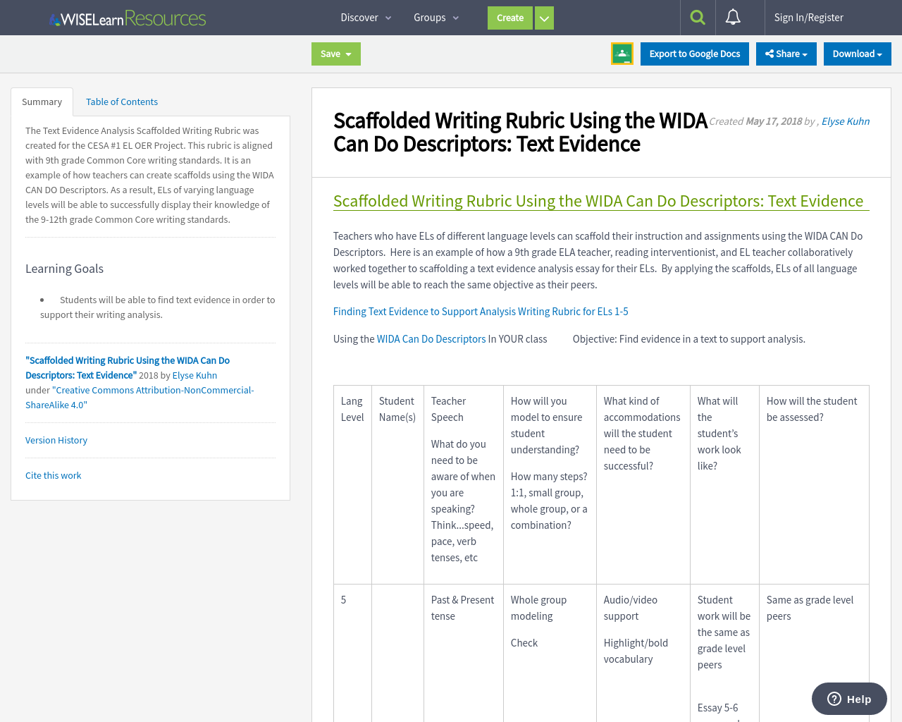 Scaffolded Writing Rubric Using the WIDA Can Do Descriptors: Text ...