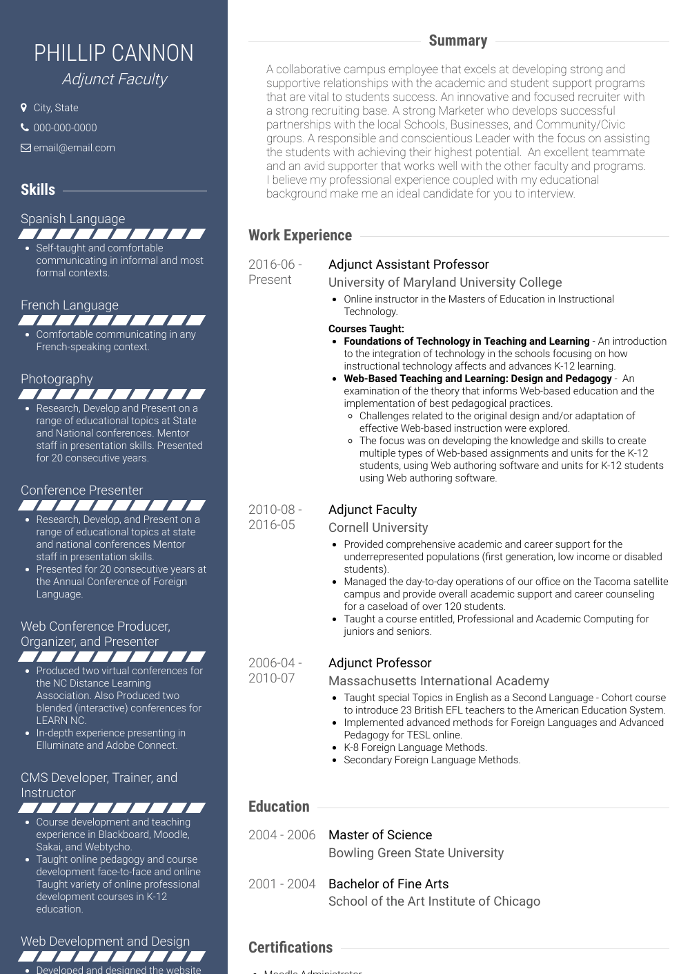 Adjunct Faculty Resume Samples And Templates VisualCV