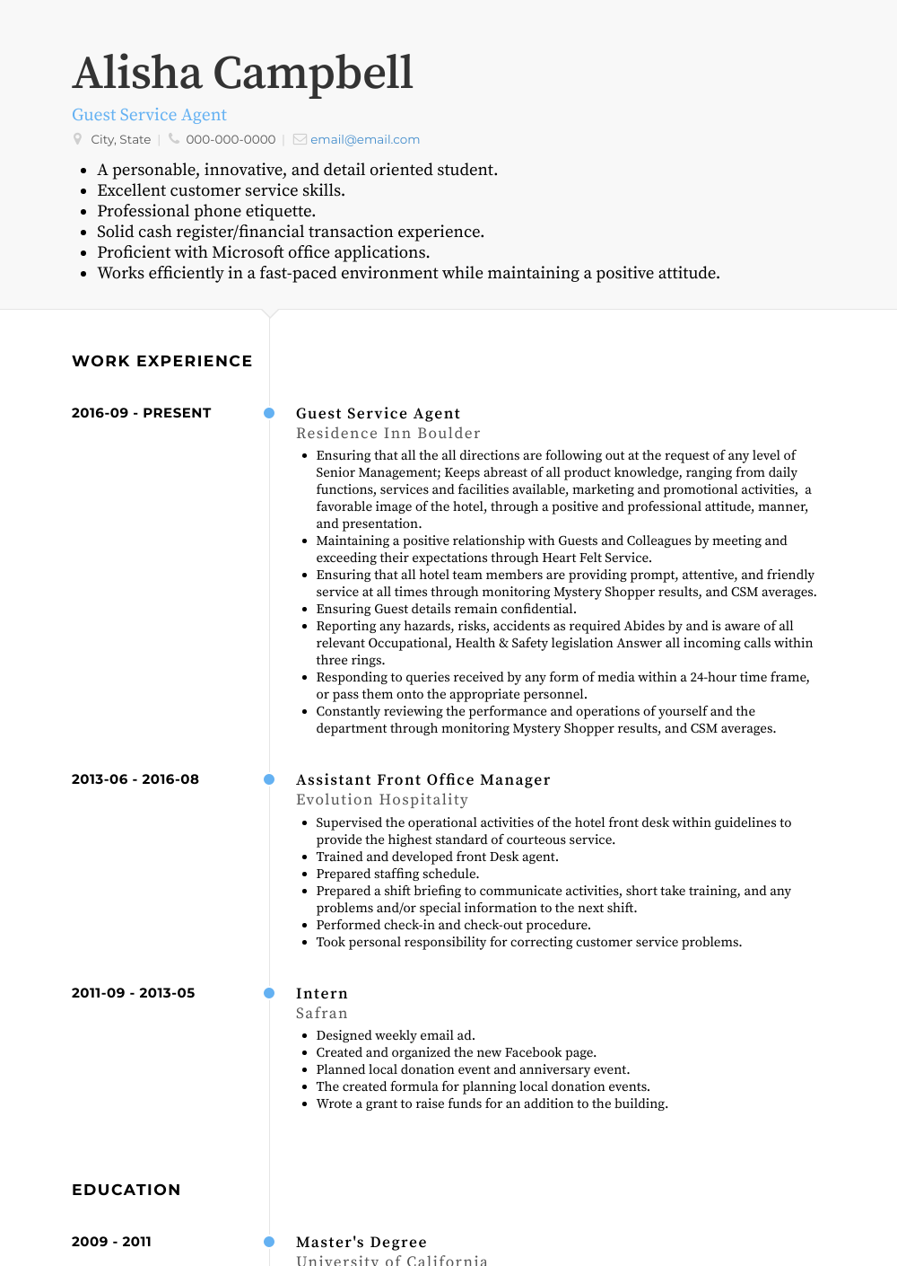 Guest Service Agent Resume