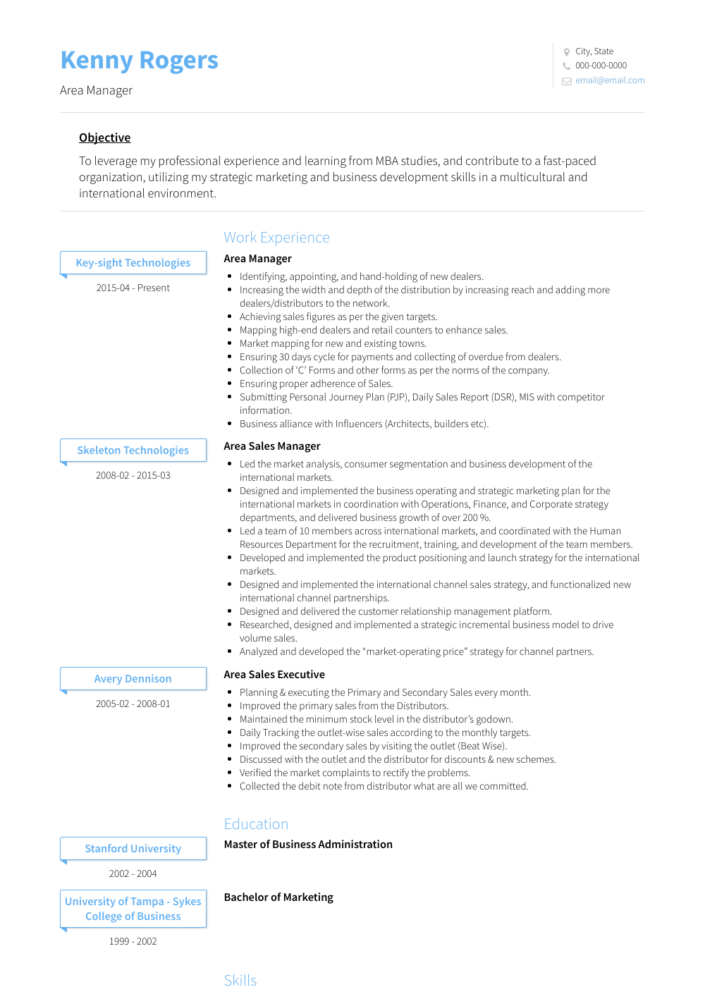 Area Manager Resume Sample