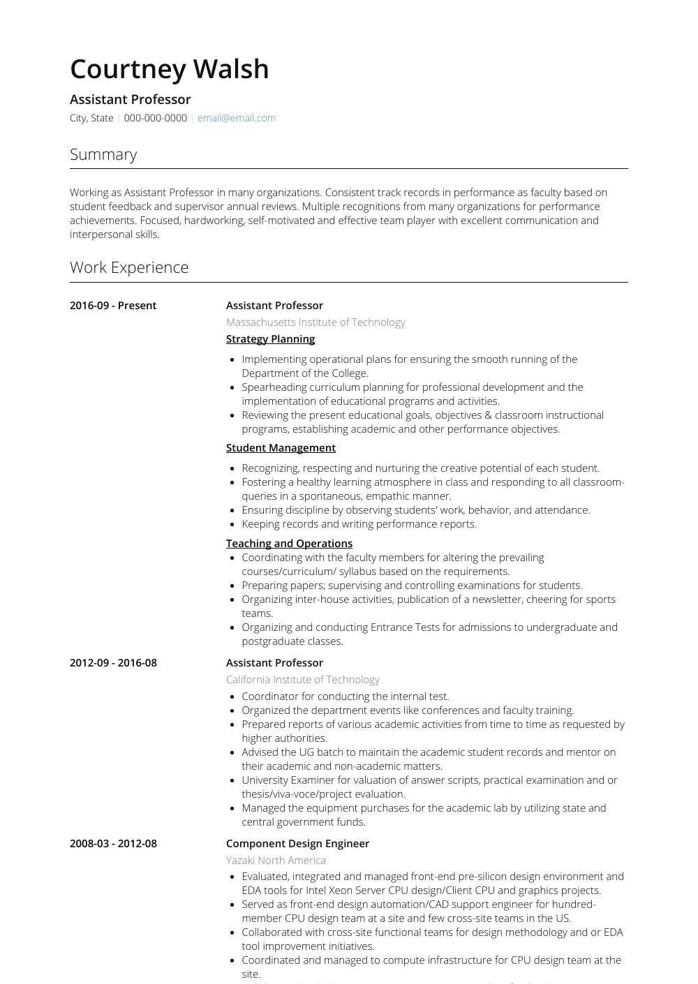 Assistant Professor Resume Templates Free Download Printable Templates