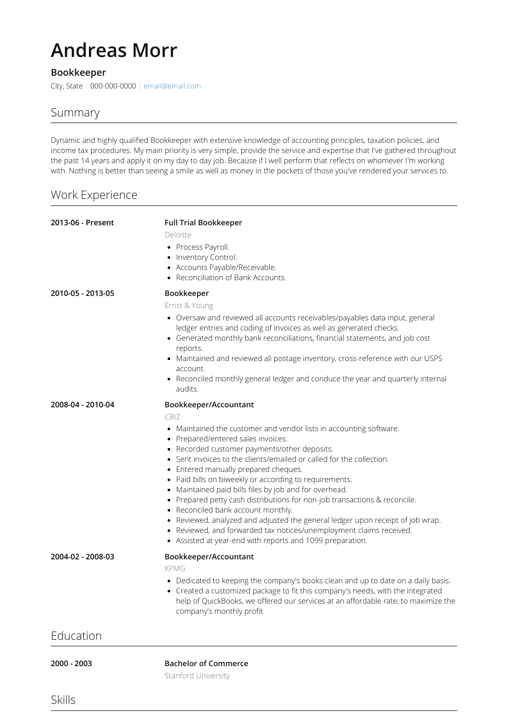 Bookkeeper Resume Samples And Templates VisualCV