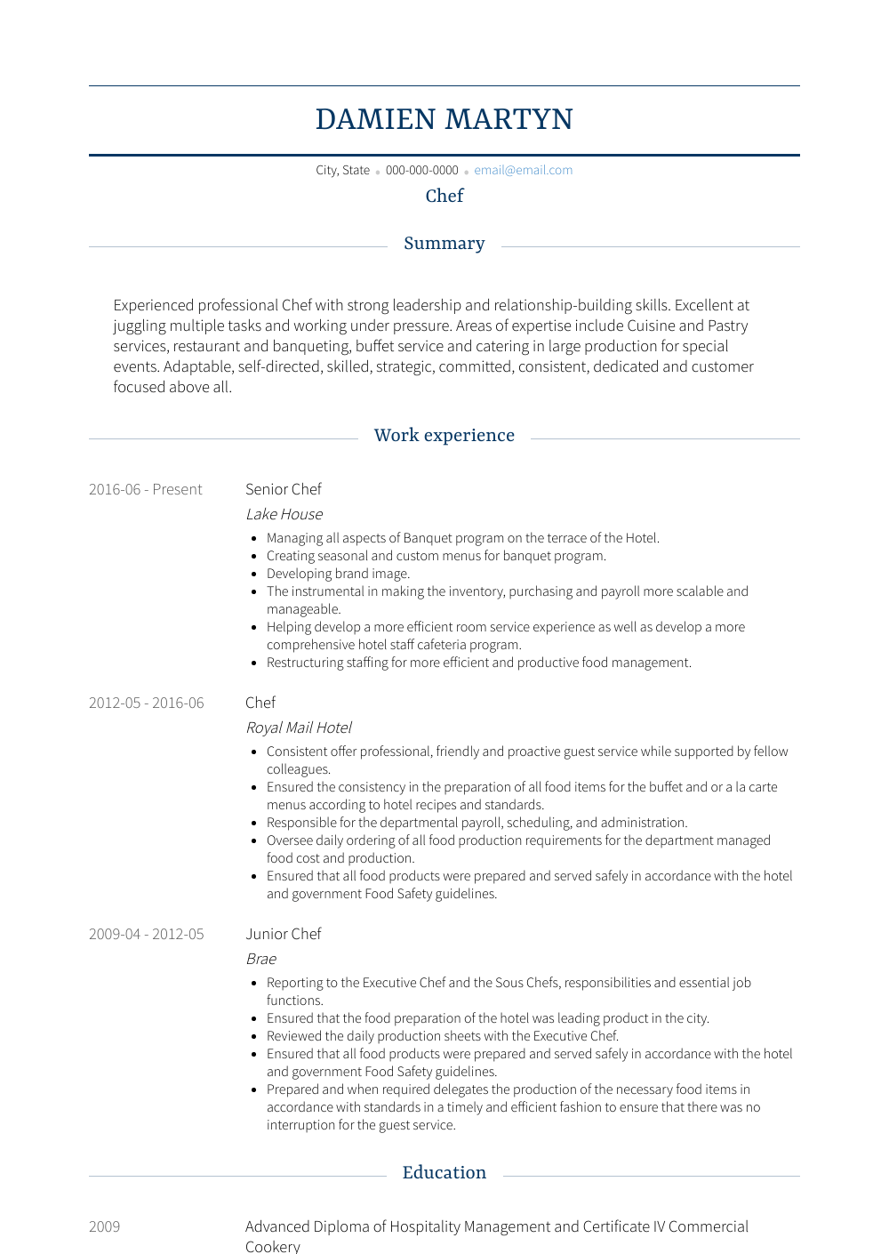 Chef Resume Samples And Templates VisualCV
