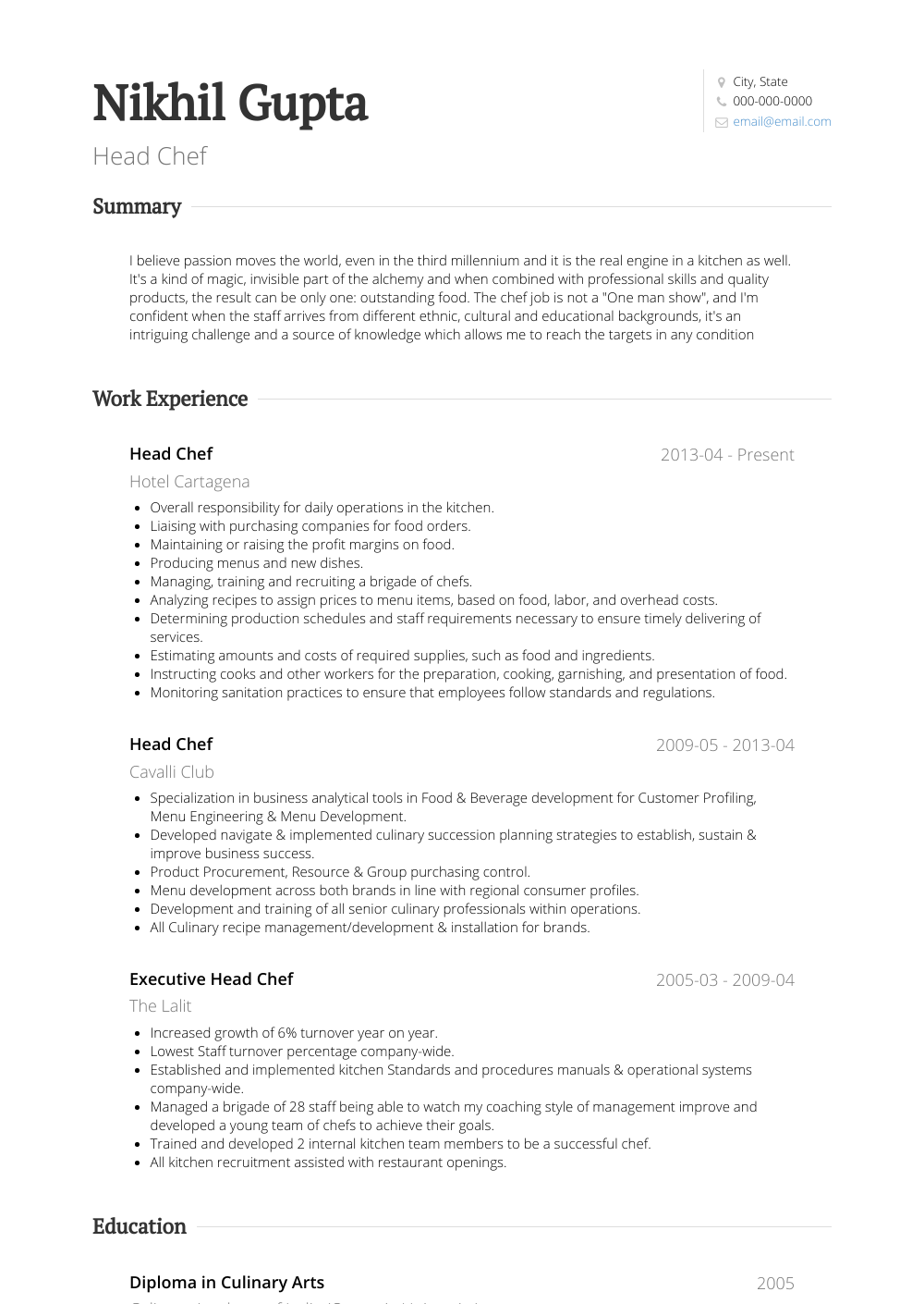 Chef Resume Samples And Templates VisualCV