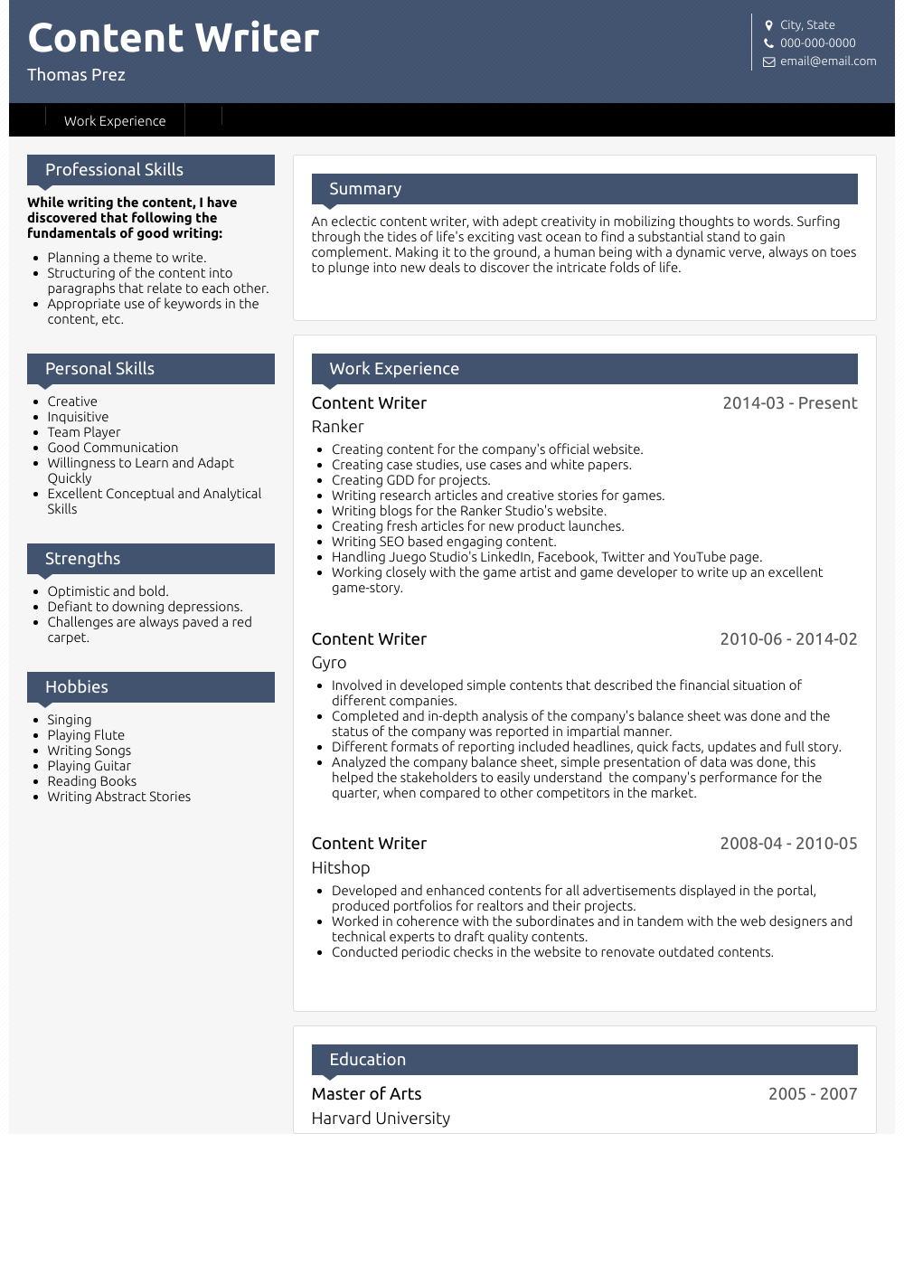 Content Writer Resume Samples 1 Resource For Templates Skills VisualCV