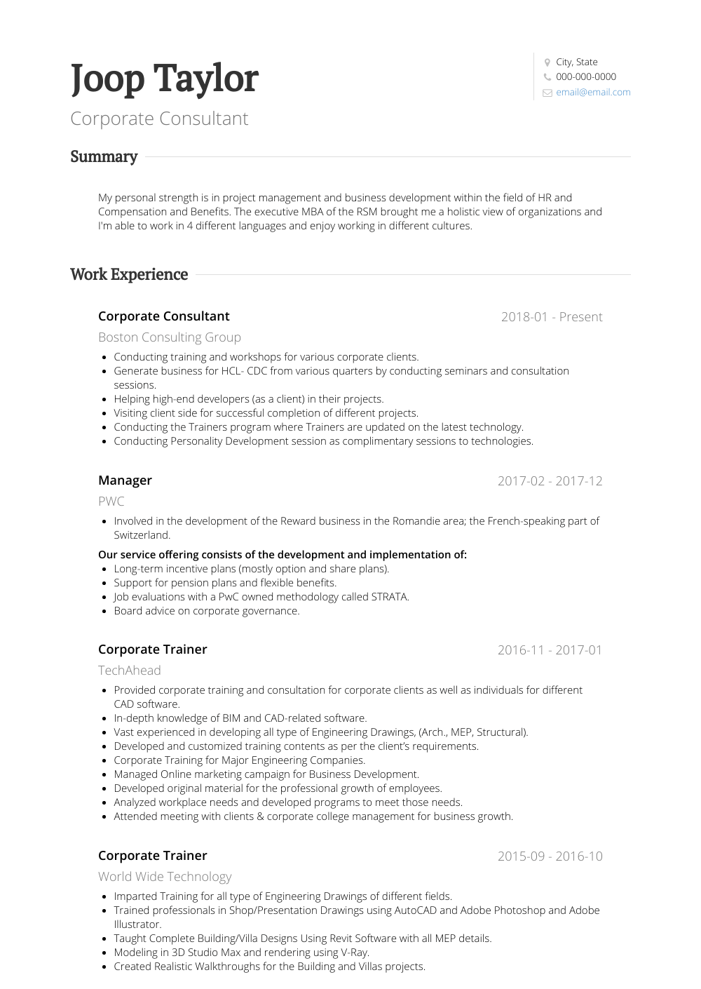 Corporate Consultant Resume Samples And Templates VisualCV