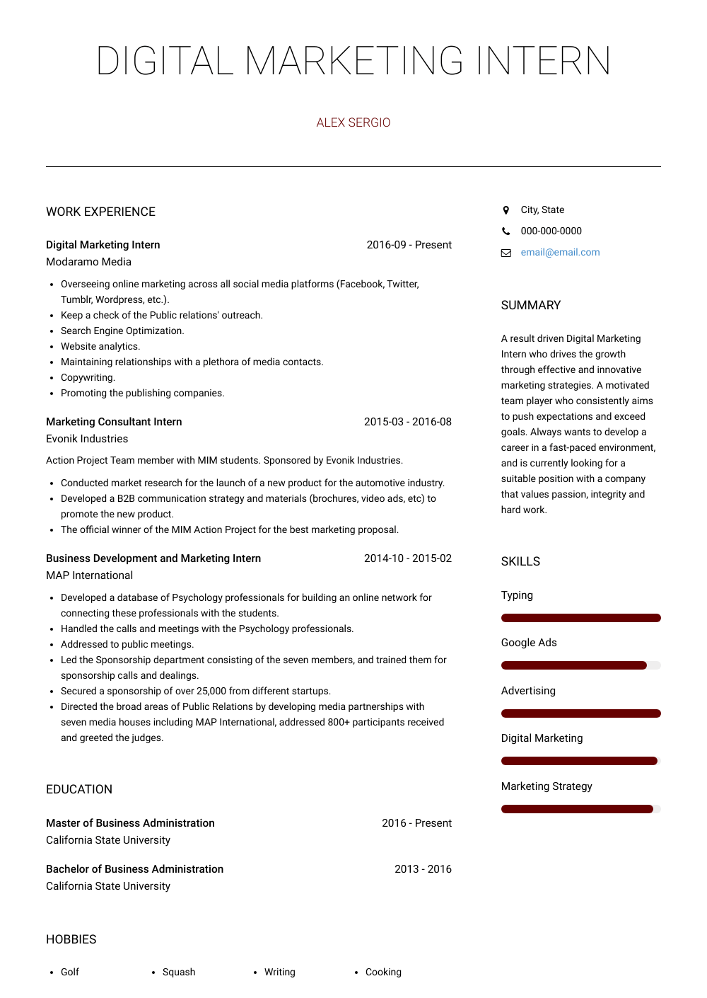 Cv English Example Internship Couldy Dokumentvorlage