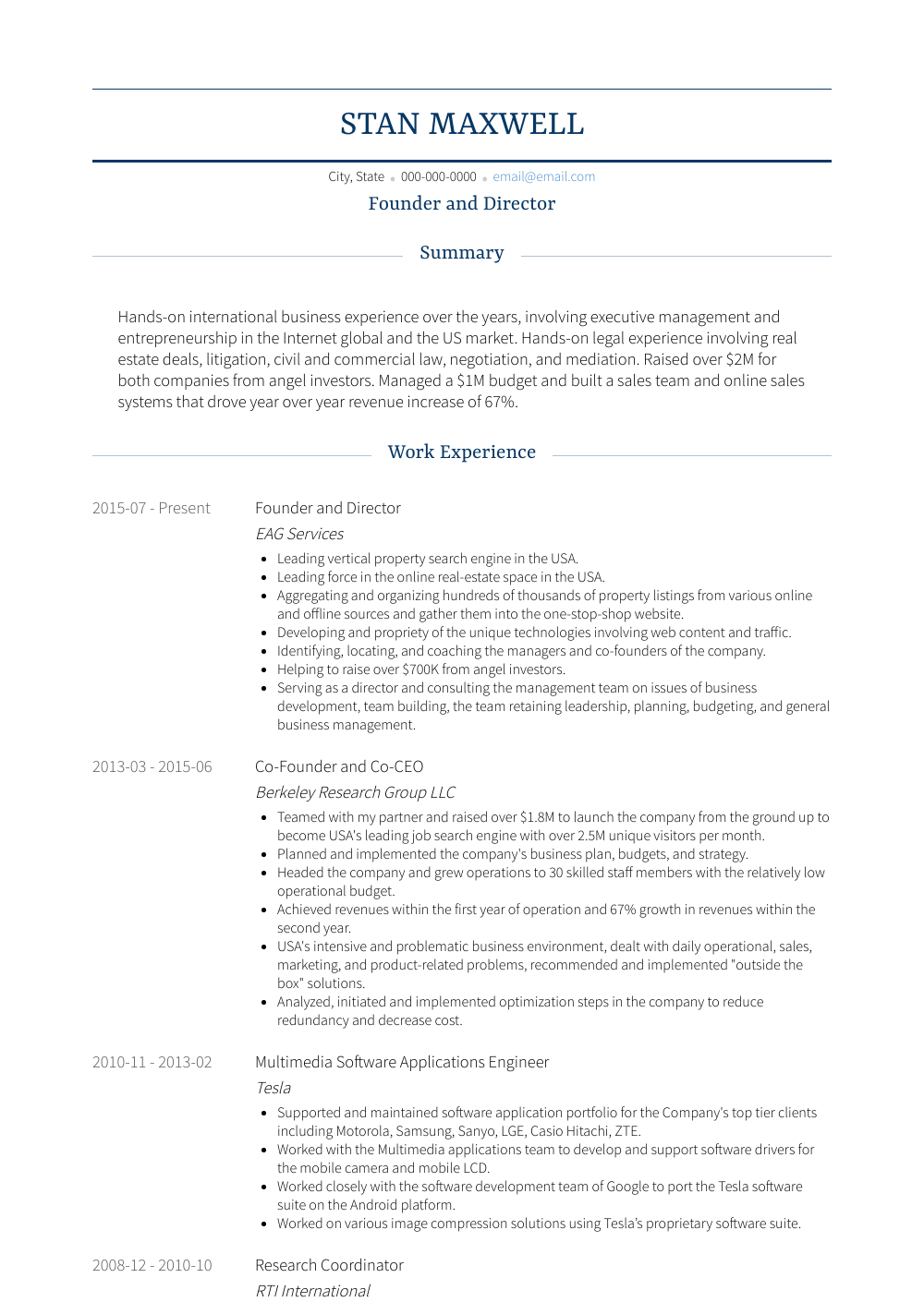 Director And Founder - Resume Samples and Templates | VisualCV