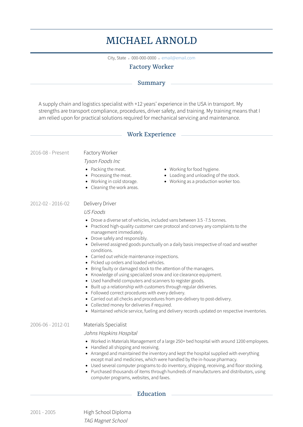 Factory Worker Resume Samples And Templates VisualCV