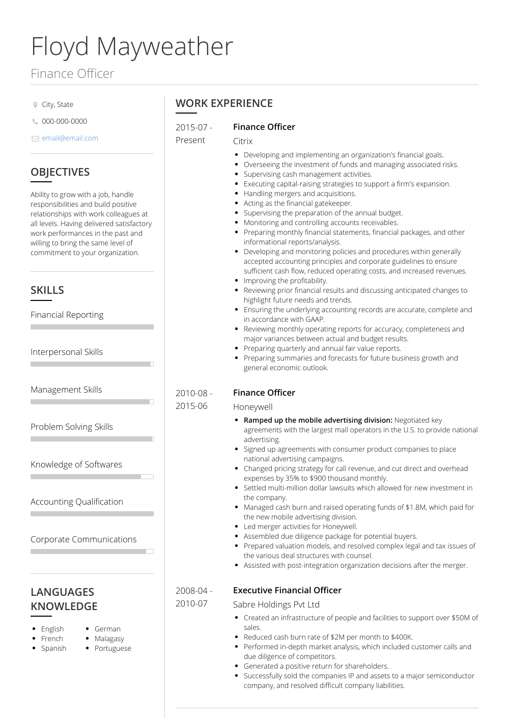Finance Officer Resume Samples Templates VisualCV