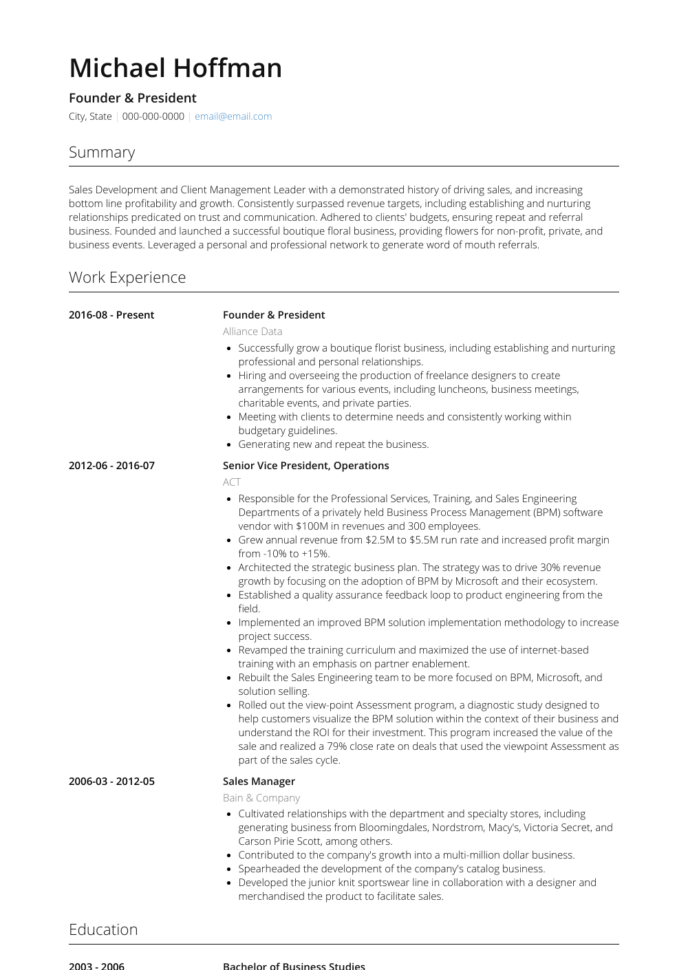 Founder And President - Resume Samples and Templates | VisualCV