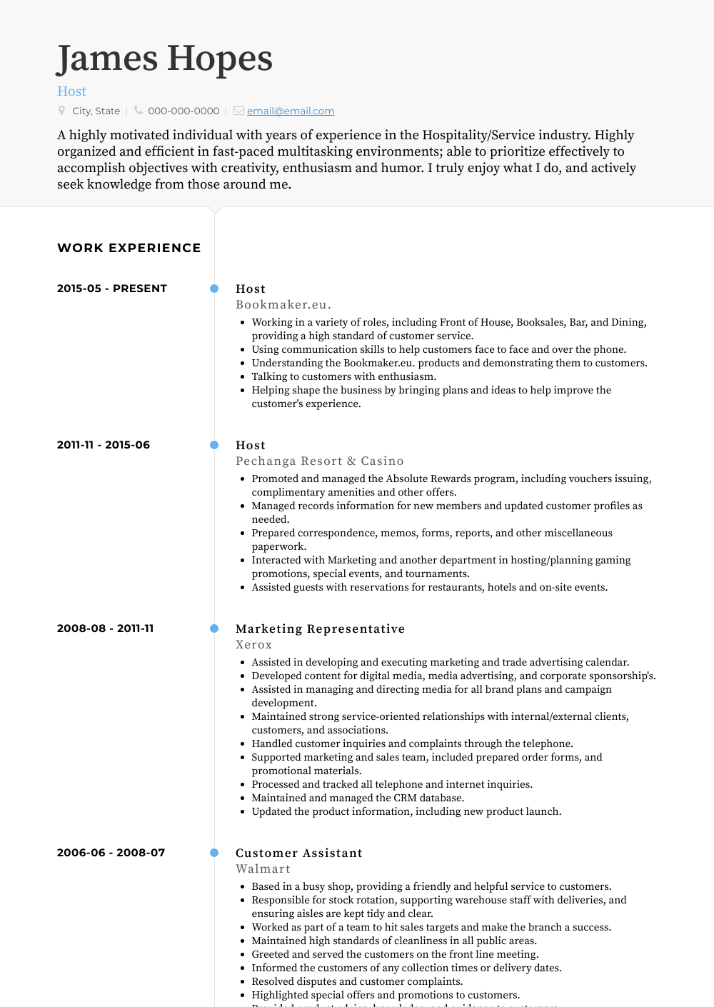 Host Resume Samples And Templates VisualCV Host Resume Samples And Templates VisualCV