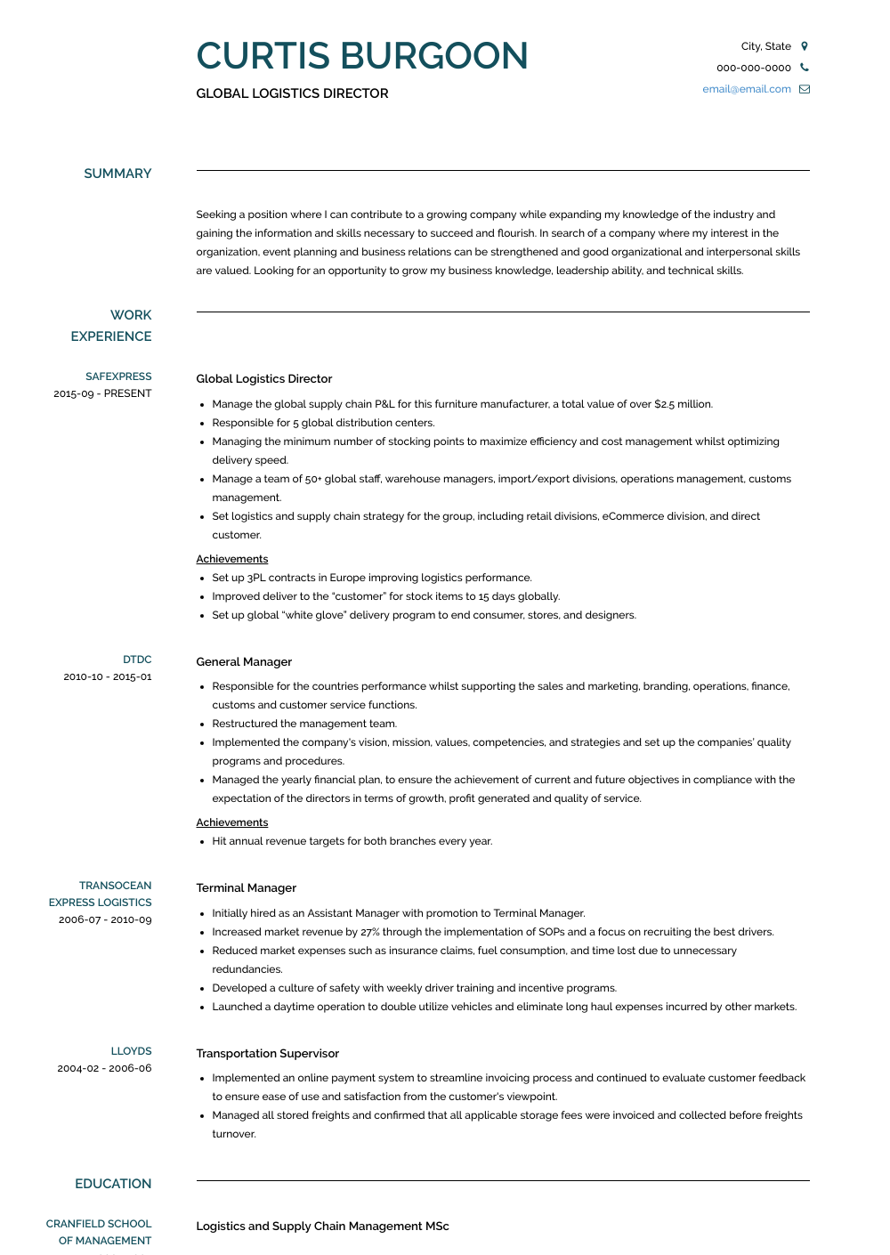 Logistics Manager Resume Samples And Templates VisualCV
